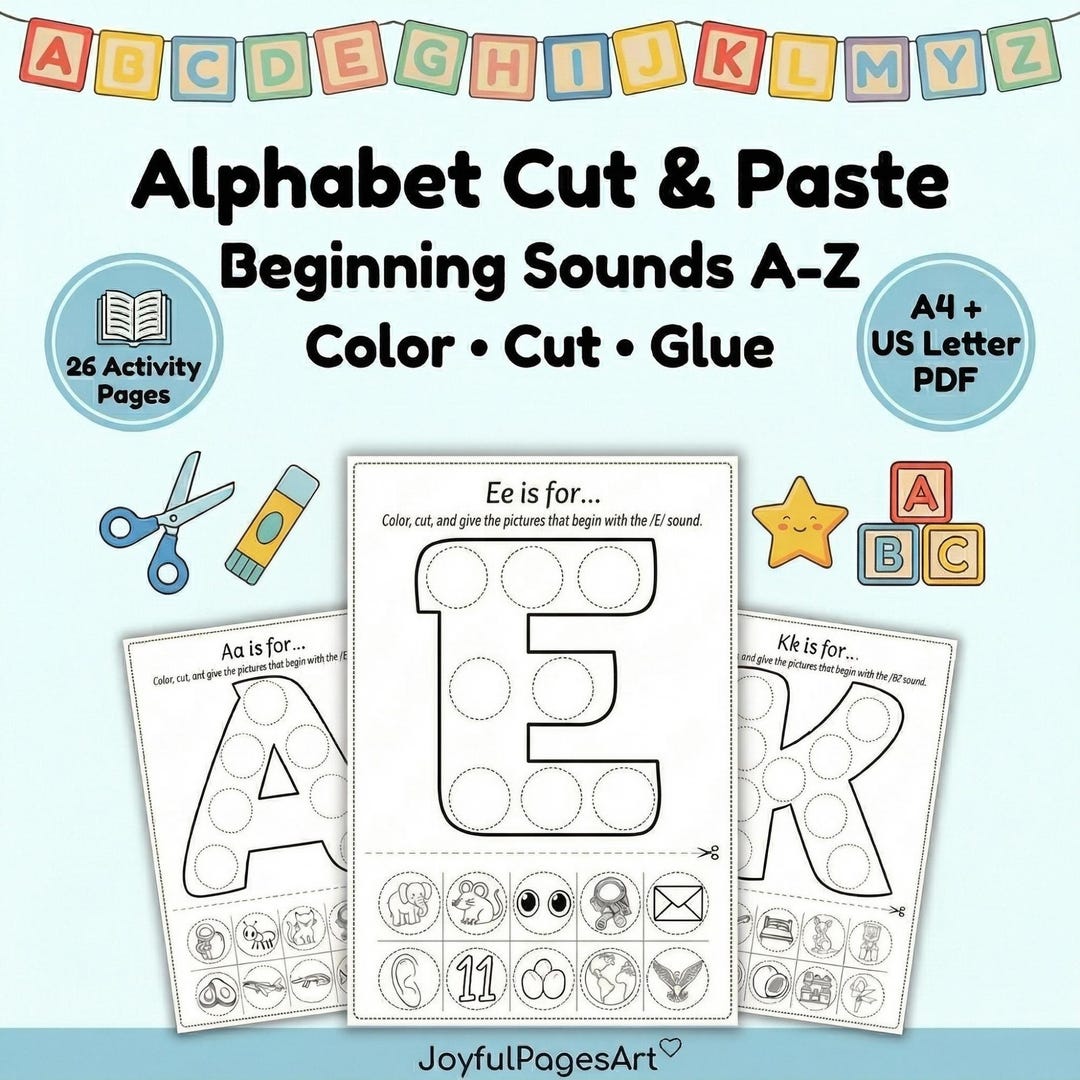 Beginning Sounds Cut and Paste Worksheets A-Z: Preschool Alphabet ...