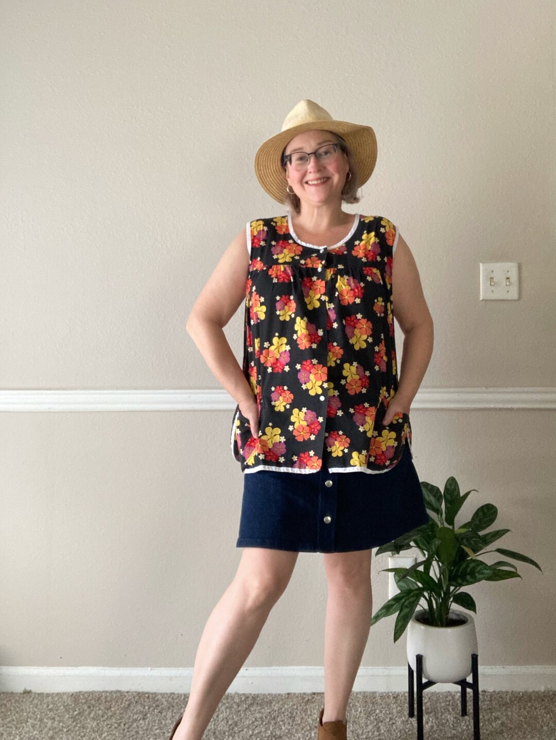 Vintage 80s 90s Large Button Down Sleeveless Tank Top / Black Hawaiian ...
