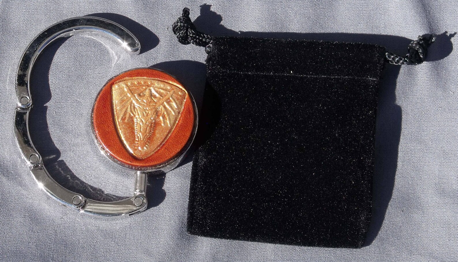 Collapsible Purse Hook Dragon Shield Tan and Gold - Etsy