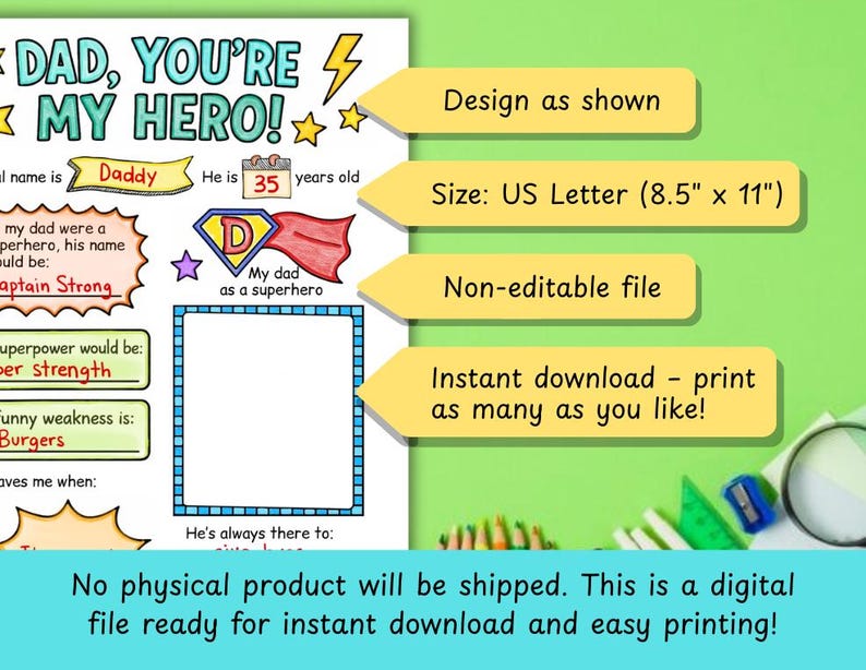 Dad You're My Hero / Printable Father's Day PDF /all About My Dad Fill ...