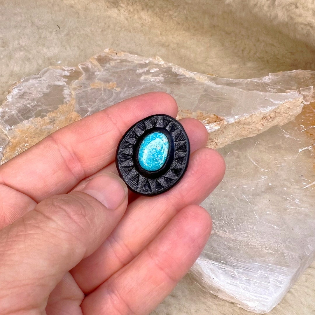 Kingman Turquoise + Black Leather Inlay Concho - Etsy
