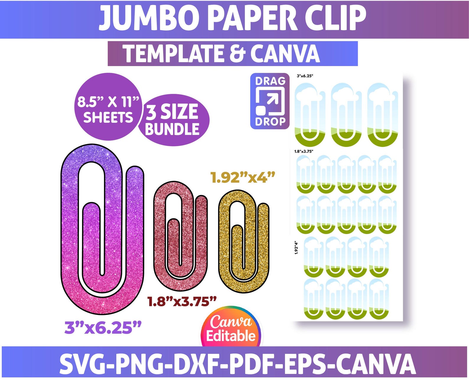Jumbo Paper Clip SVG Template Bundle: 3 Sizes, Canva Editable (digital ...