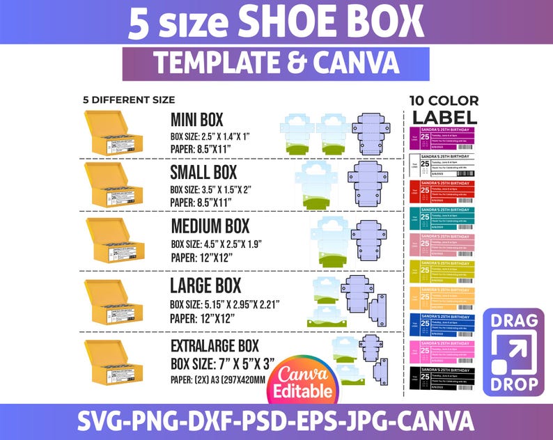 Shoe Box Template Bundle: SVG, PNG, PDF, Canva - 5 Sizes - Etsy