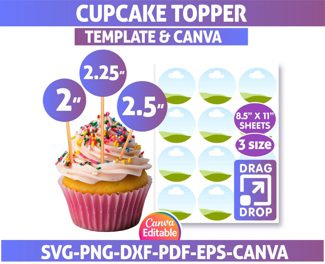 Cupcake Topper Template Bundle: Editable Canva SVG, PNG, PDF (digital ...