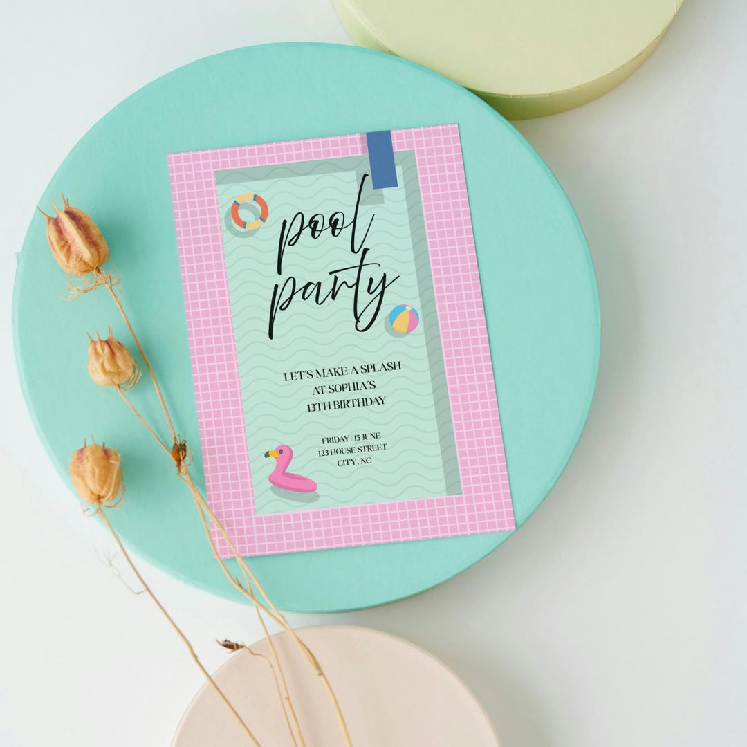 Pink Pool Party Birthday Invitation Template | Digital Two-sided Summer ...