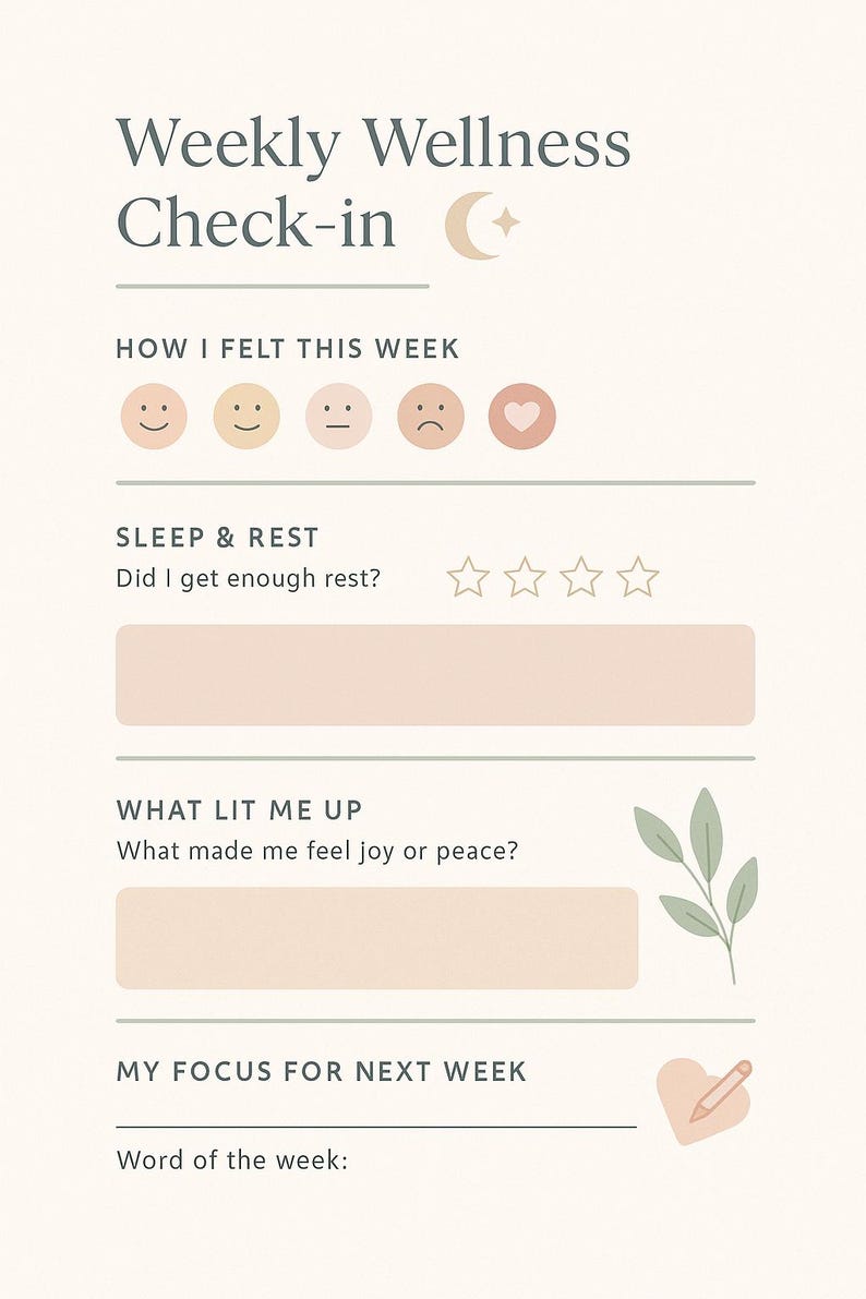Weekly Wellness Check-in Printable for Moms | Self-care Journal Page - Etsy
