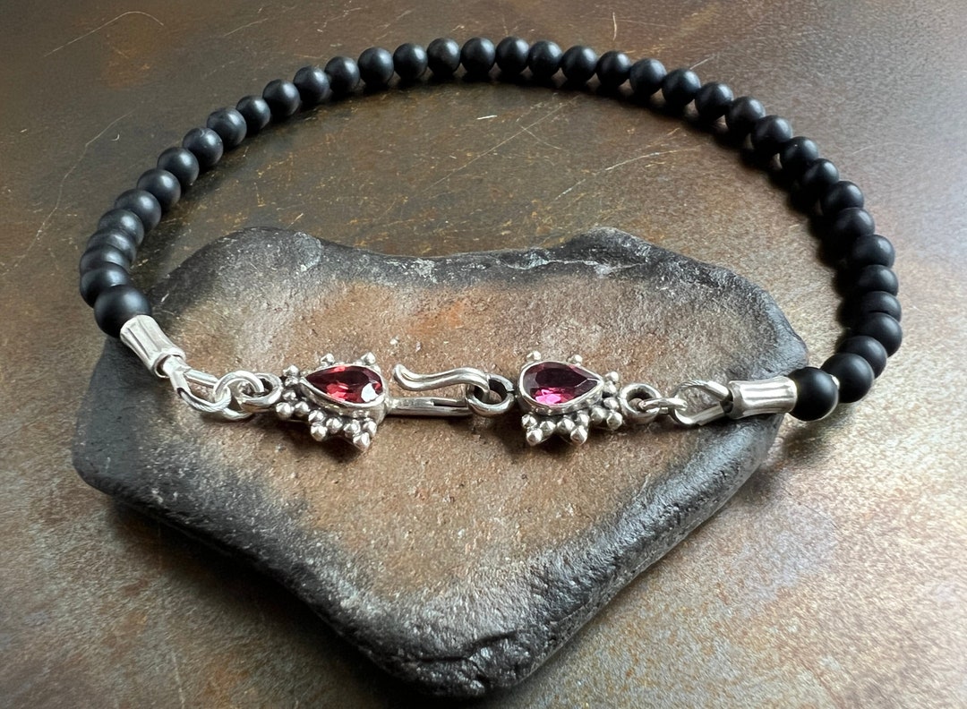 LAYLA. Matte Black Onyx Bracelet. Fancy Pink Tourmaline Bali Silver ...