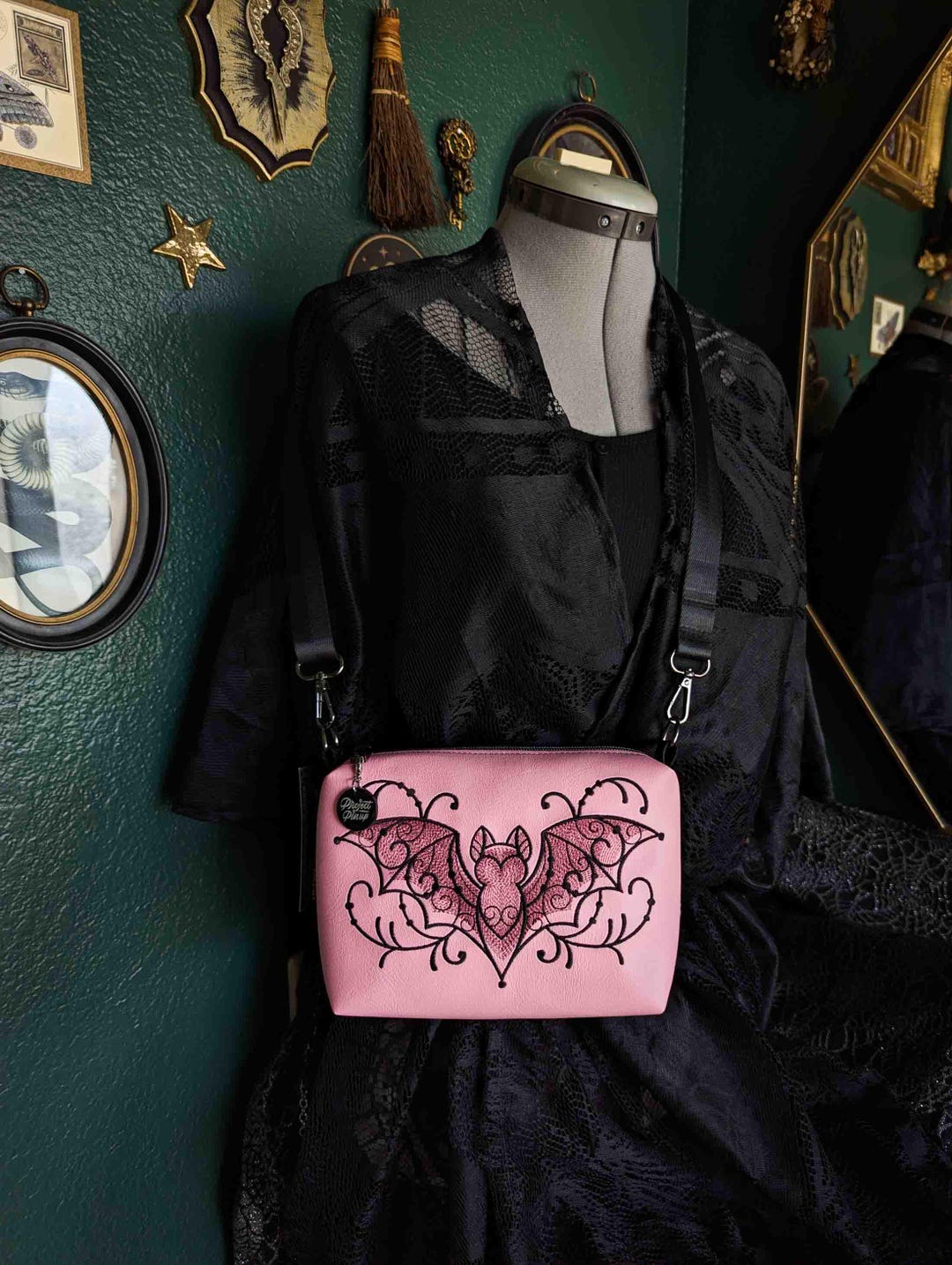 Light Pink Filigree Bat Embroidered Small Crossbody Bag – Handmade ...
