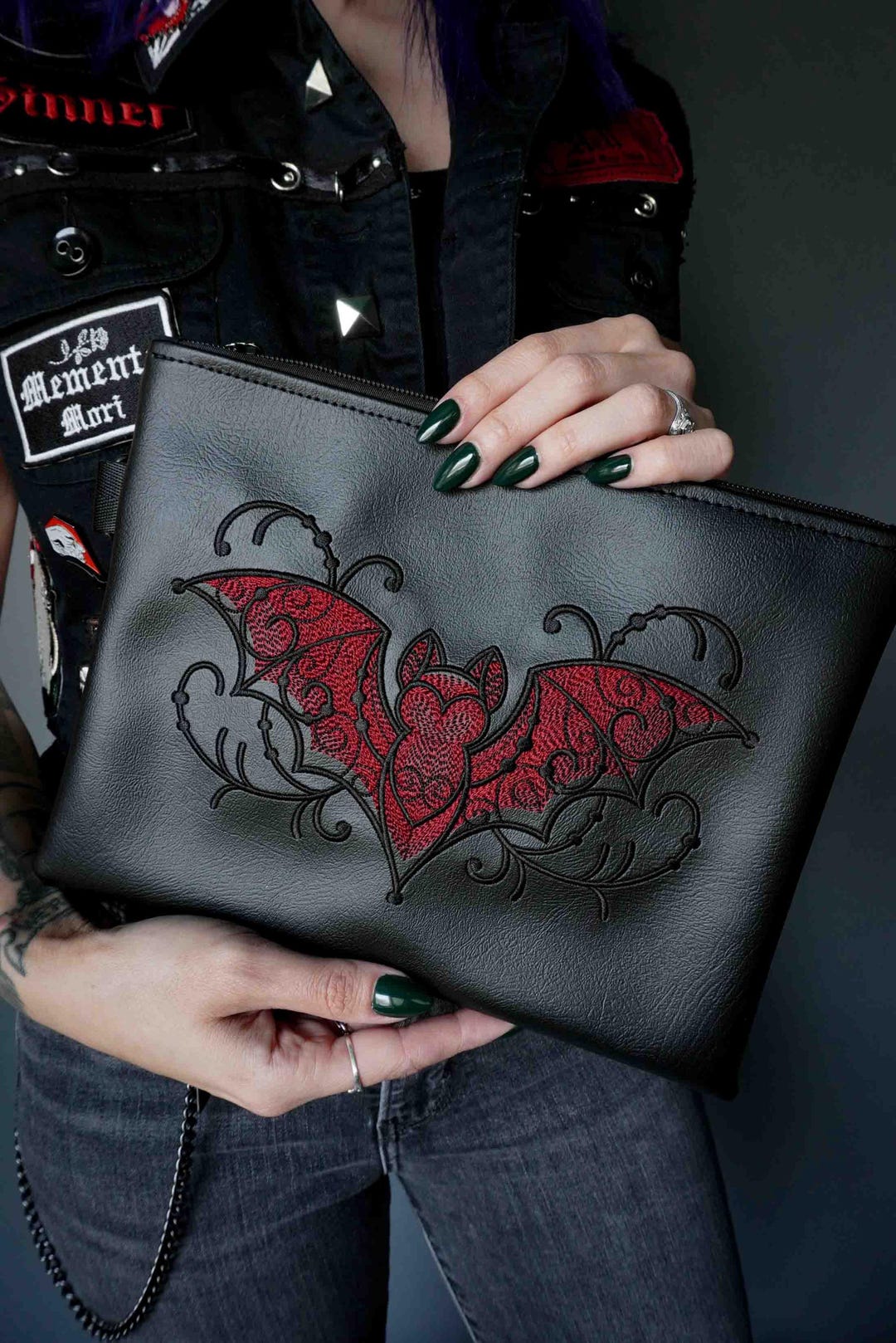 Red Bat Filigree Black Flat Zip Pouch With Gunmetal Hardware - Etsy