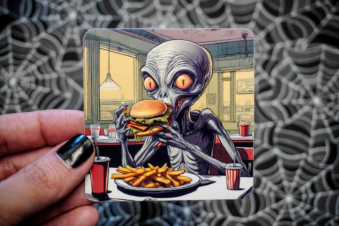 Cryptid Series Alien Eating Cheeseburger and French Fries Sticker Vinyl ...