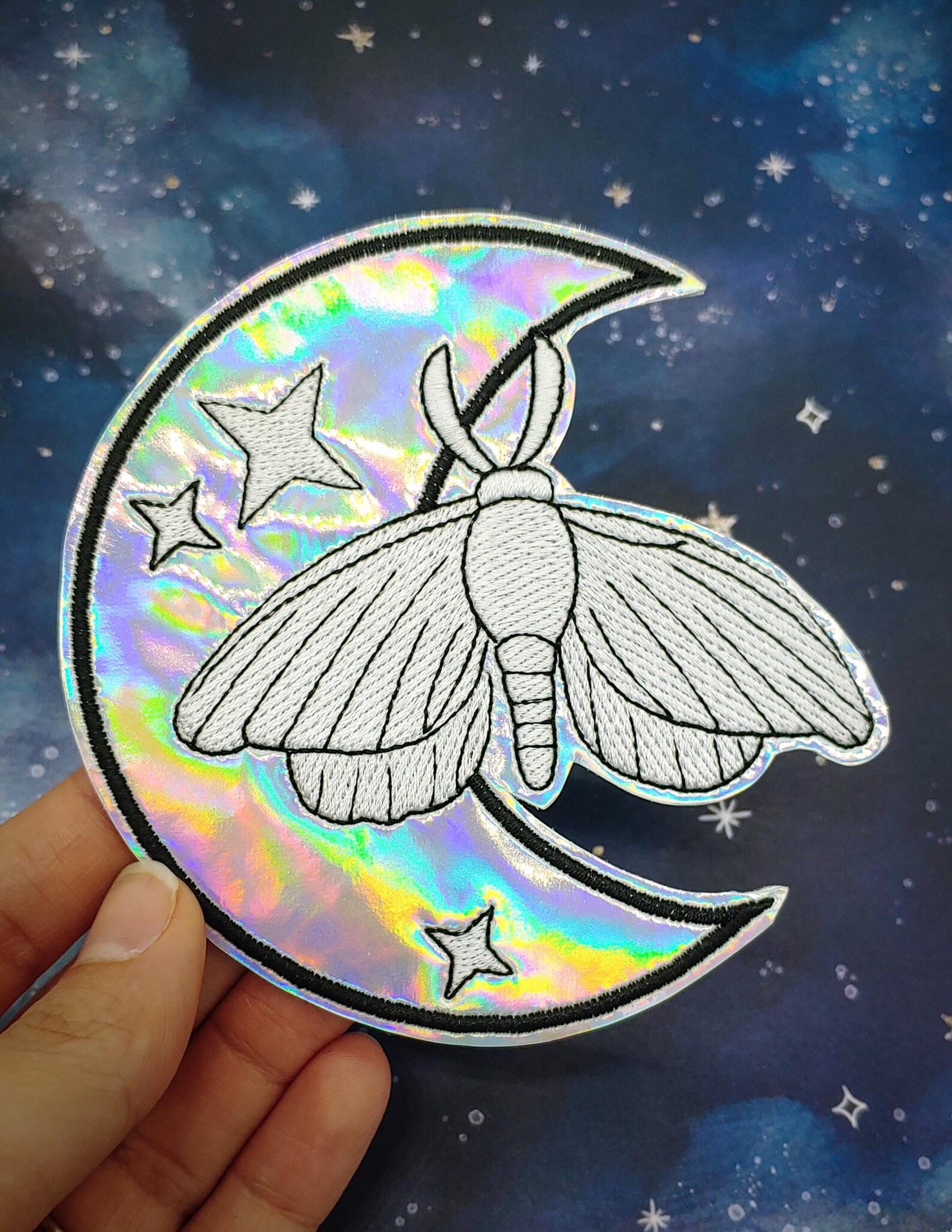 Moth and Moon Holographic Vinyl Iron on Embroidered Patch | Etsy