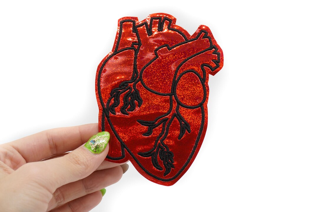 Red Holographic Glitter Anatomical Heart Vinyl Iron on Embroidered ...