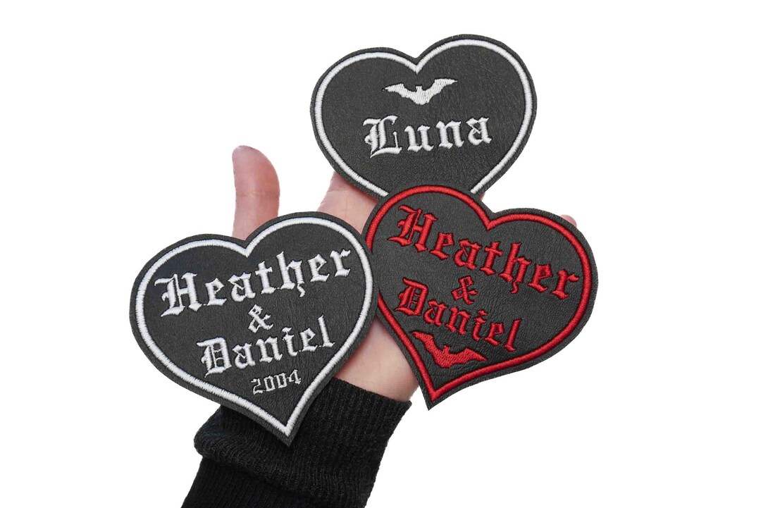 Custom 3.5" Gothic Name Heart Iron on Embroidered Patch on Black Vegan ...