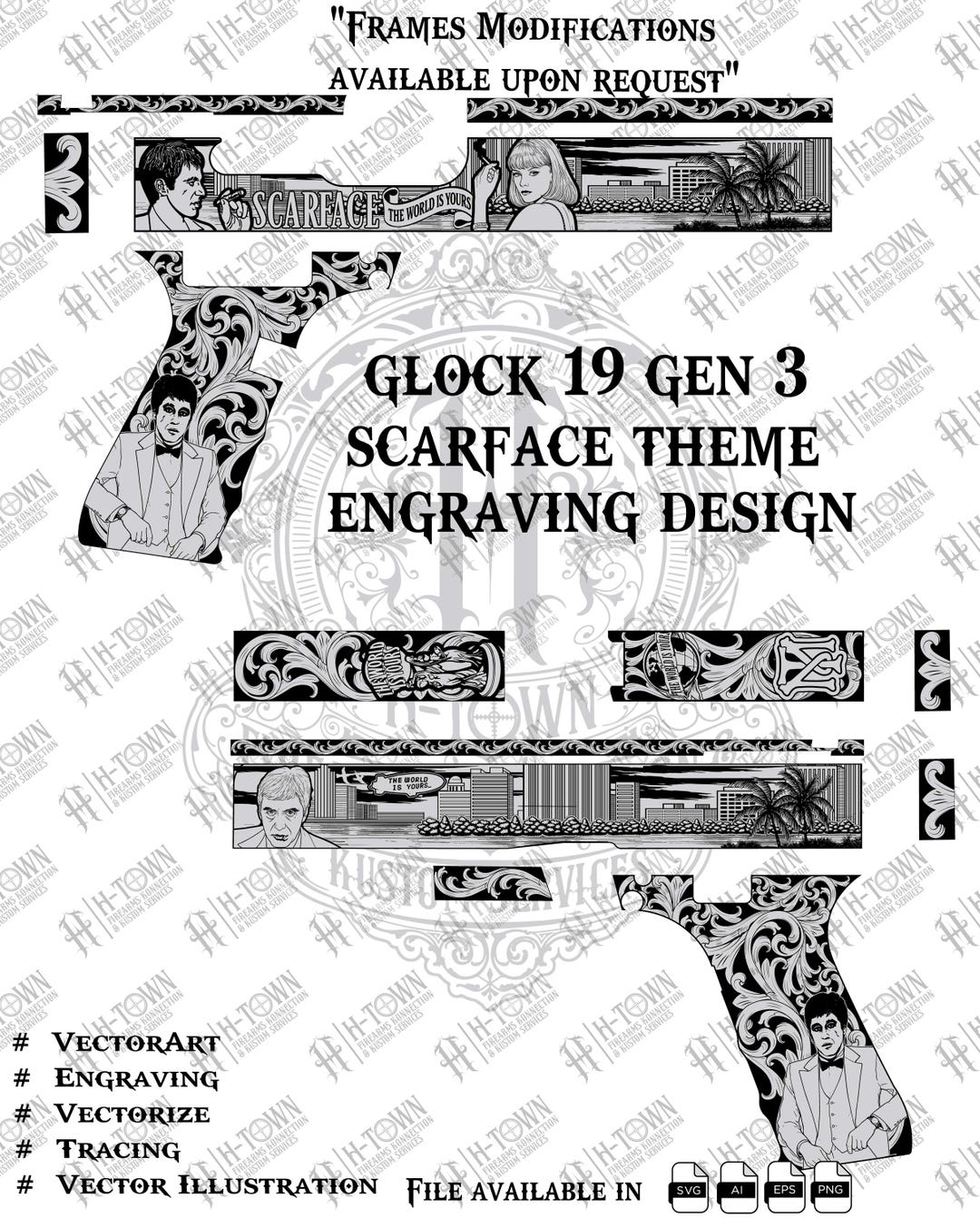 Glock 19 Gen 3 Scarface Engraving Design | Movie Theme Grip & Slide ...