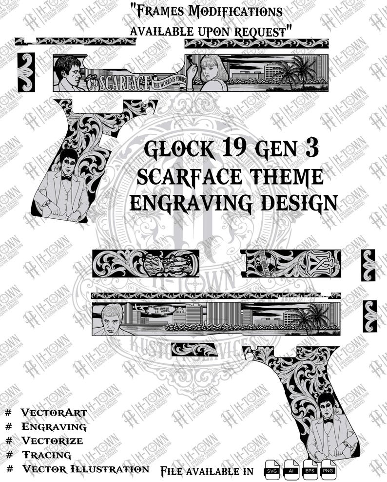 Glock 19 Gen 3 Scarface Engraving Design | Movie Theme Grip & Slide ...