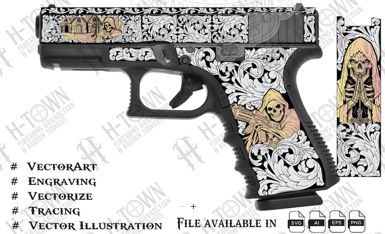 Glock 19 Gen 3 Engraving Design | Skeleton Grim Reaper, Floral Scroll ...
