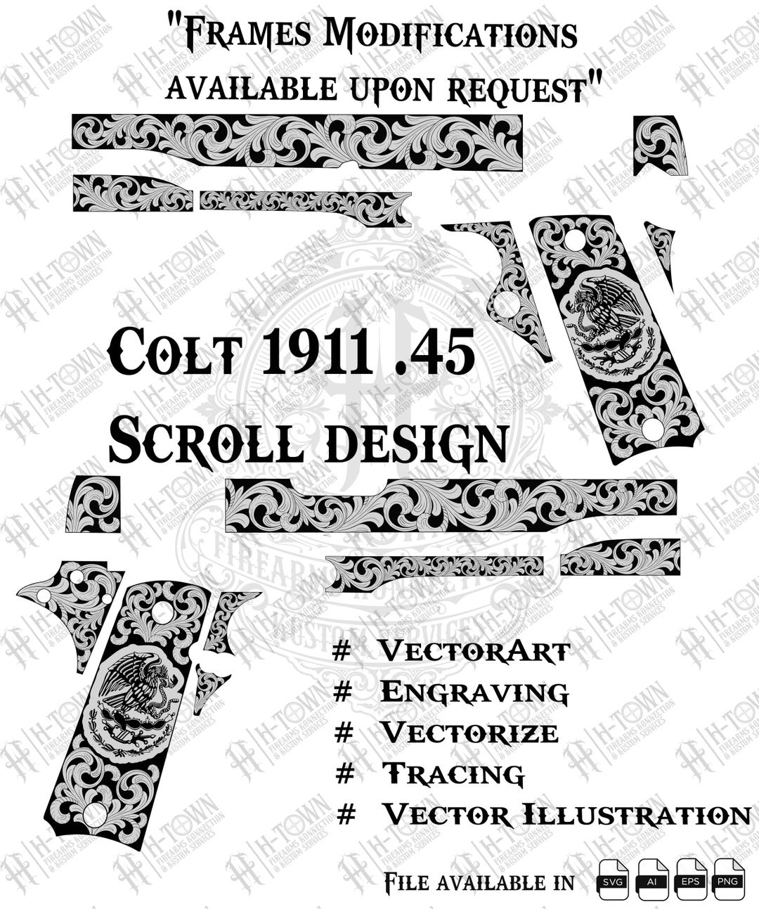 Colt 1911 .45 Scroll Engraving Design | Mexican Eagle Grip (digital ...