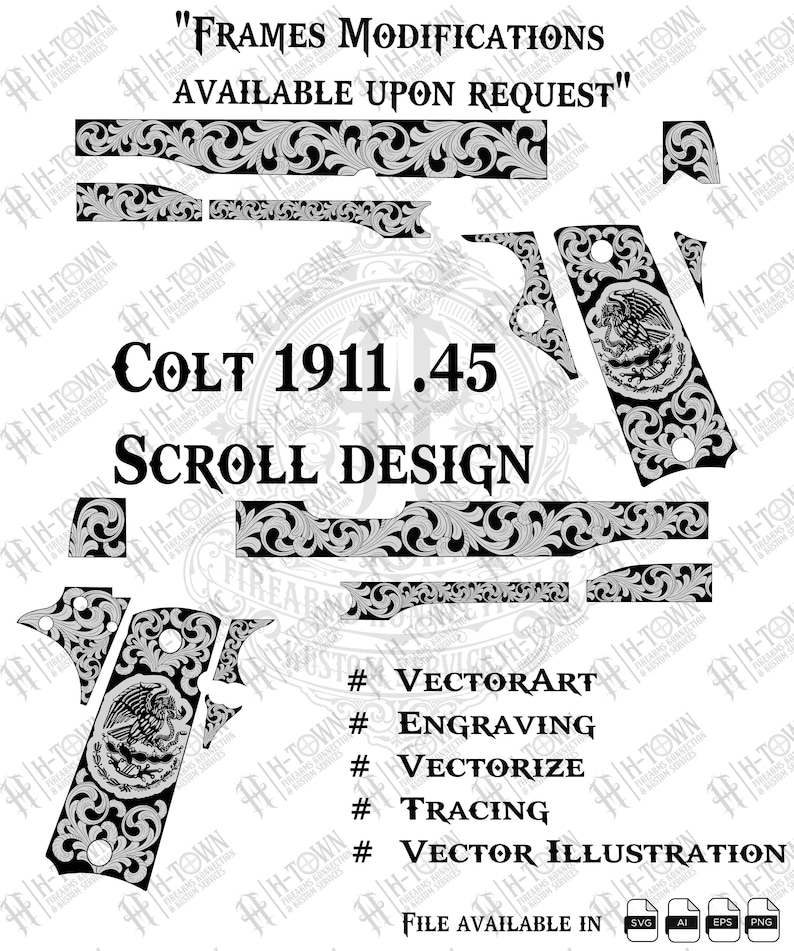 Colt 1911 .45 Scroll Engraving Design | Mexican Eagle Grip (digital ...