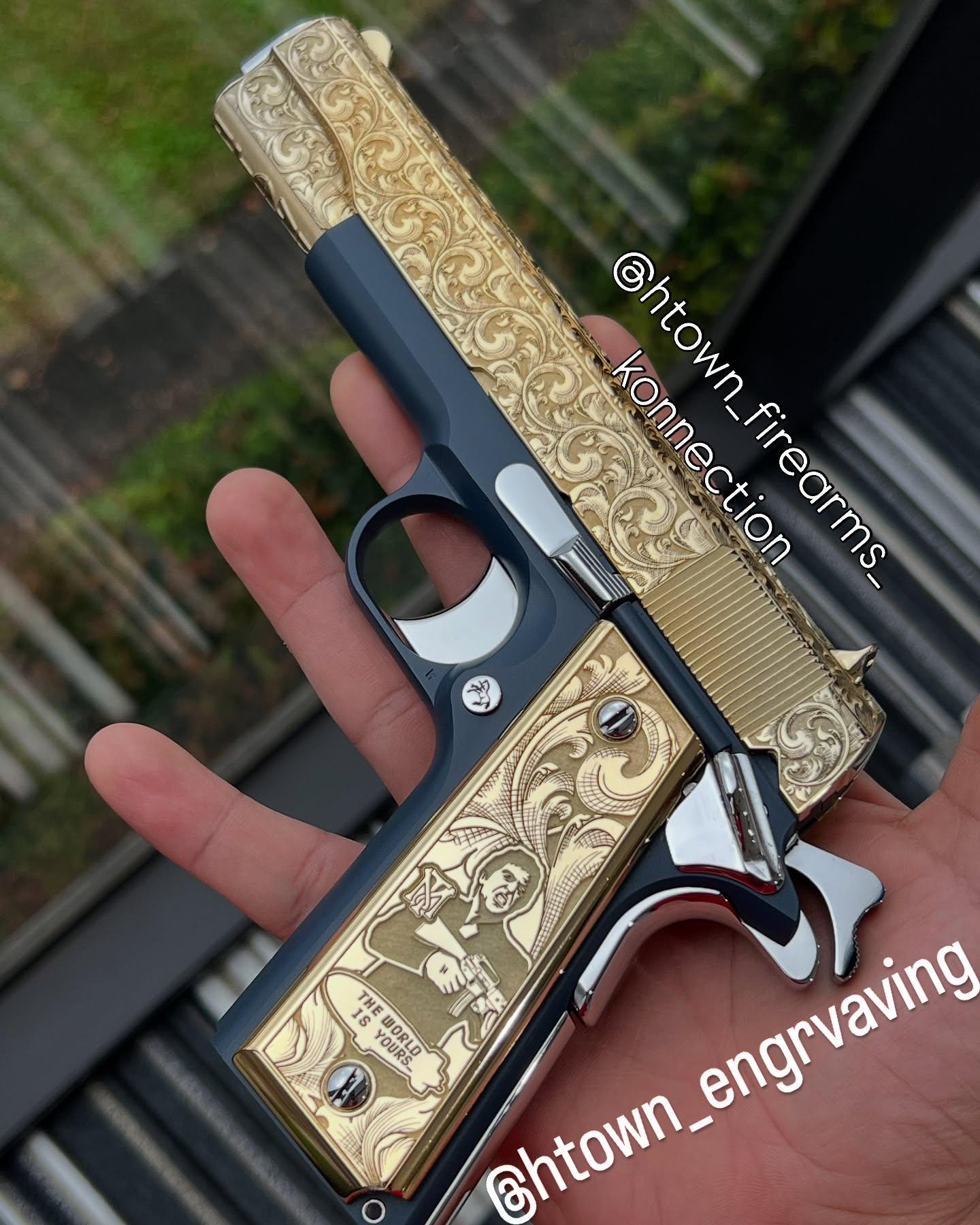 Colt 1911 .45 Scroll Engraving | the World is Yours Grip Design | Laser ...