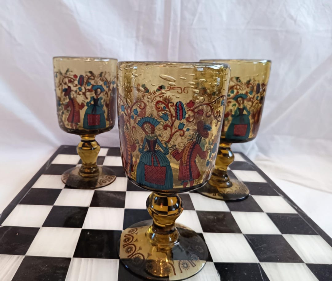 Three Mouth-blown Goblets by Alfred Taube – Green, Elaborately Painted ...