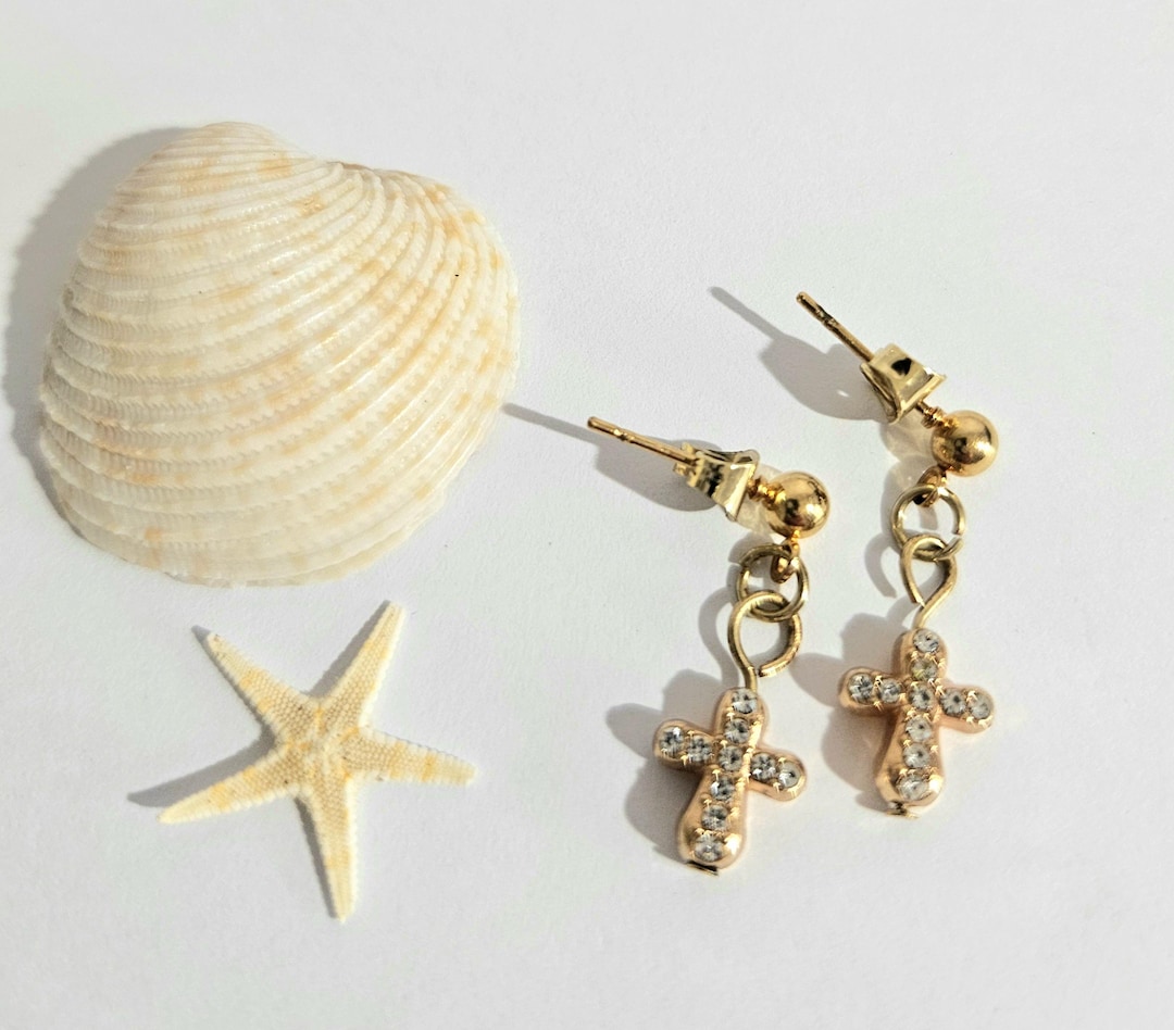 Rhinestone Cross Drop Earrings, Gold Plated Posts - Confirmation Gift ...