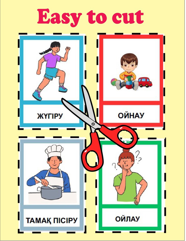 Kazakh Action Verbs Flashcards for Kids | 24 Printable Cards | Learn ...