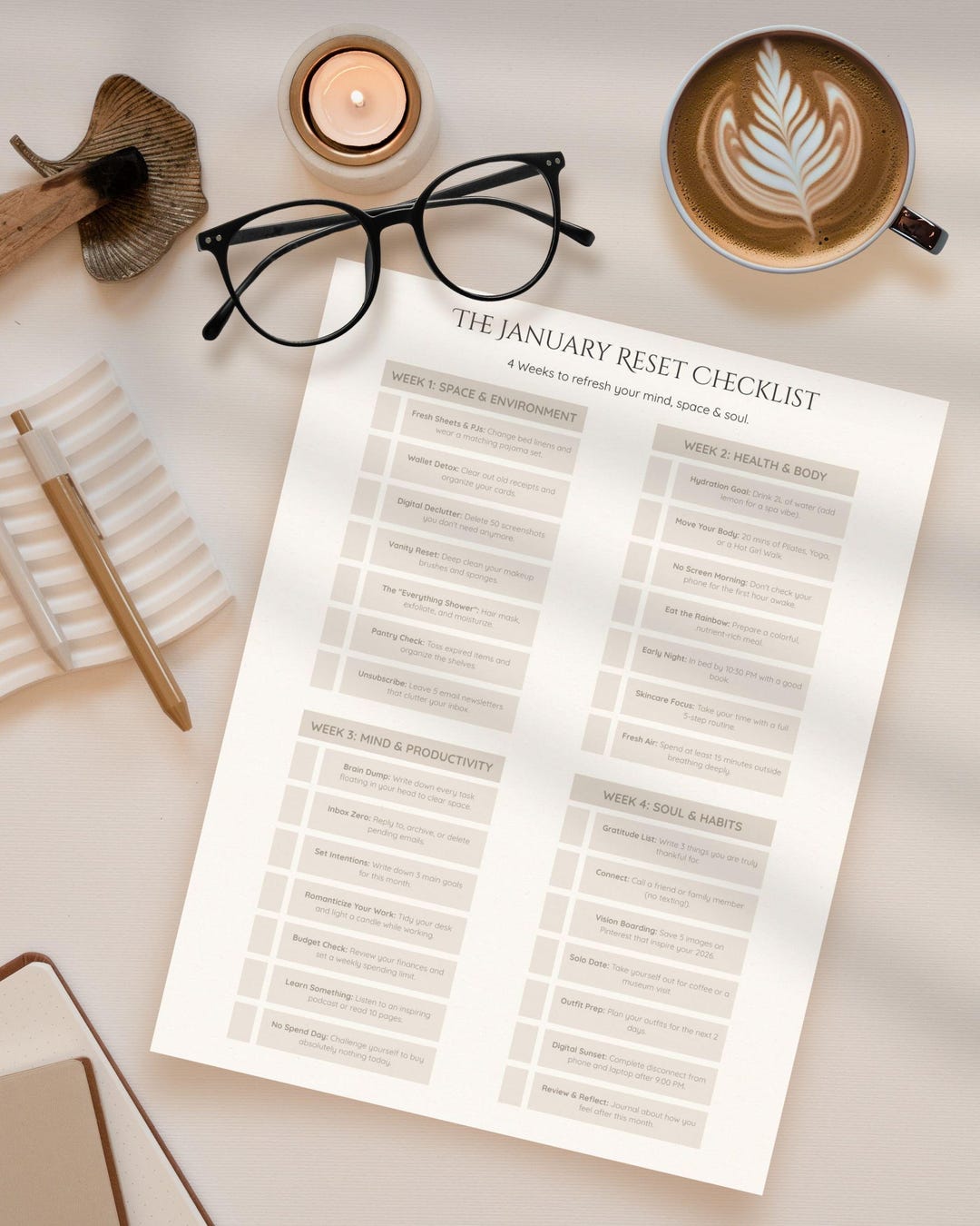 January Reset Checklist Printable 2026 | That Girl Aesthetic Challenge ...