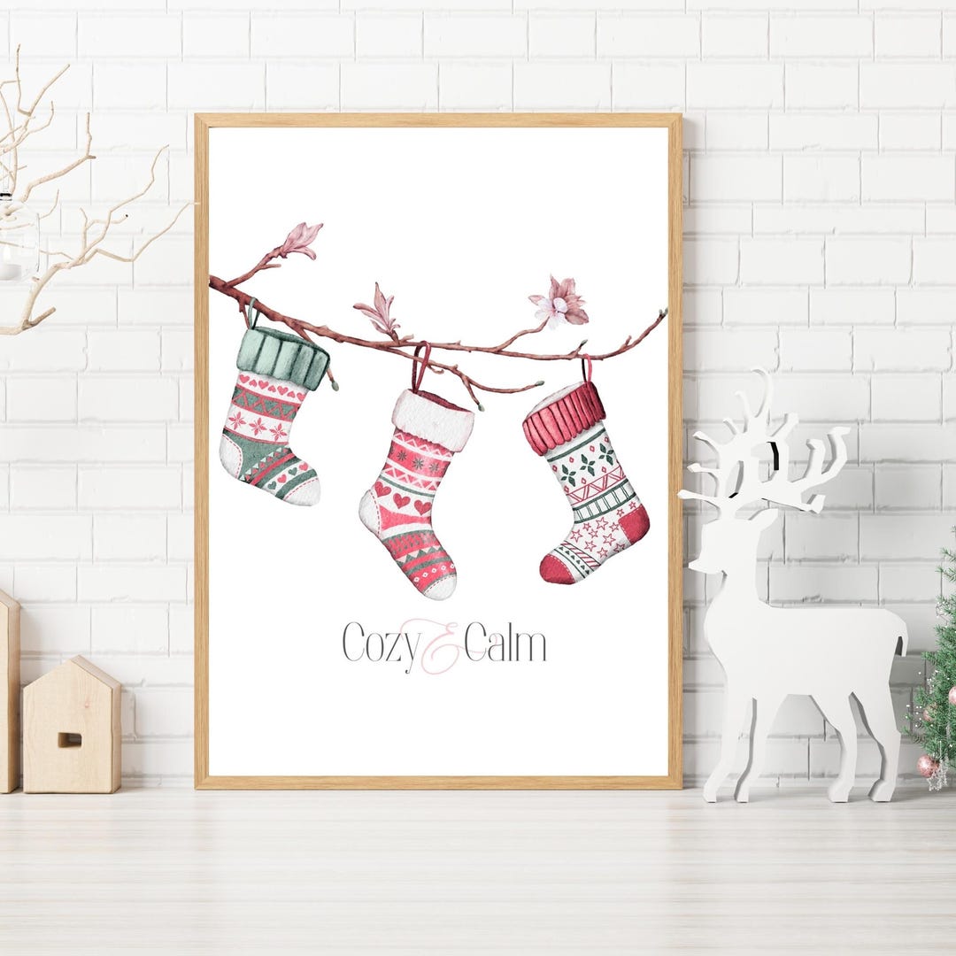 Neutral Christmas Wall Art, Watercolor Stockings Print, Scandi Holiday ...