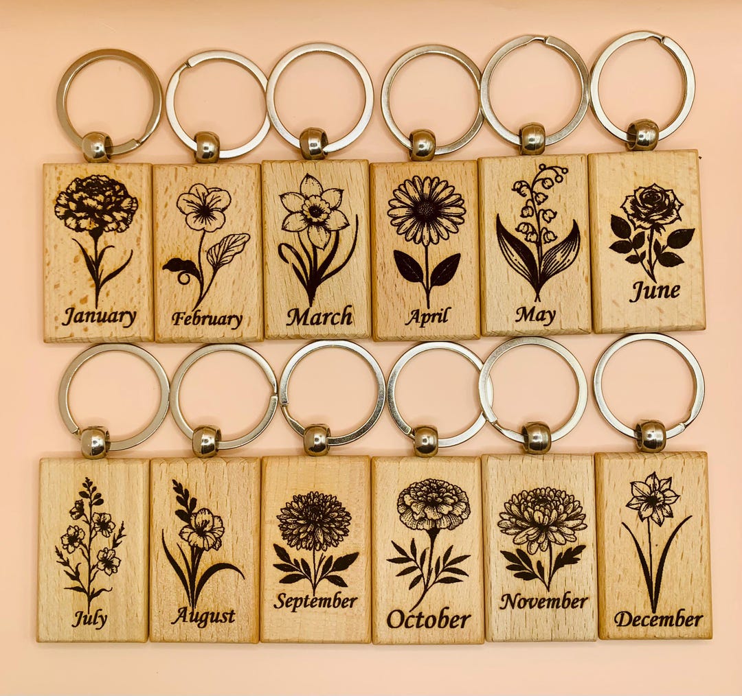 Birth Flower Keychain | Personalized Wooden Engraved Custom Name Gift ...