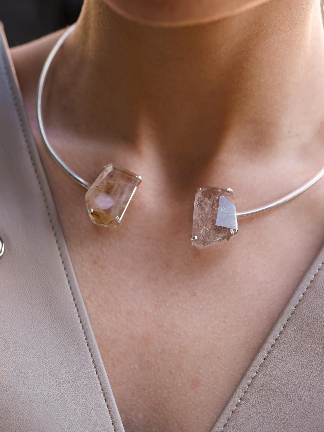 Faced Rutilated Quartz Crystal Collar Necklace: Silver Tone, Crystal ...