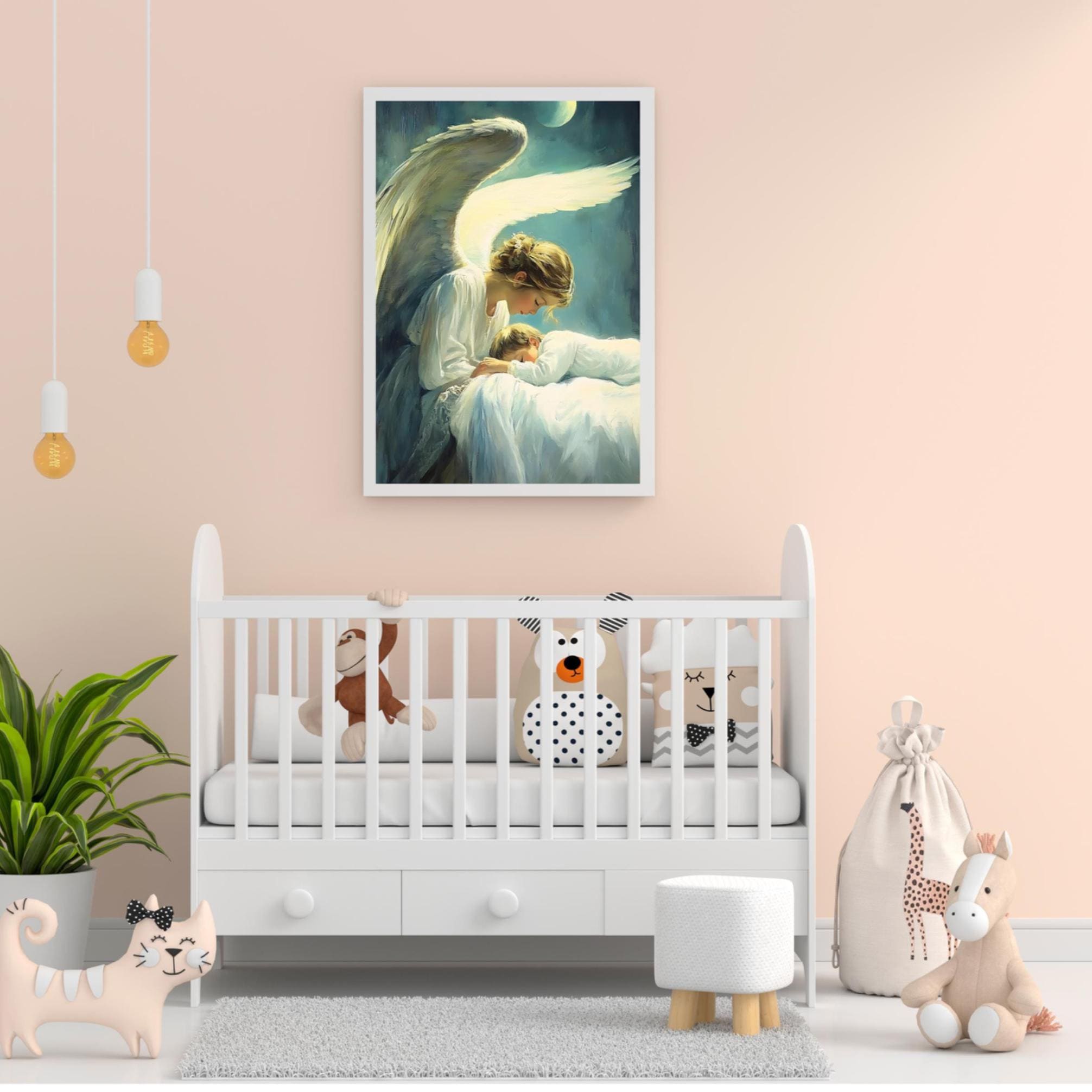 Guardian Angel Watching Over Sleeping Child Art Print, Angel Baby Room ...