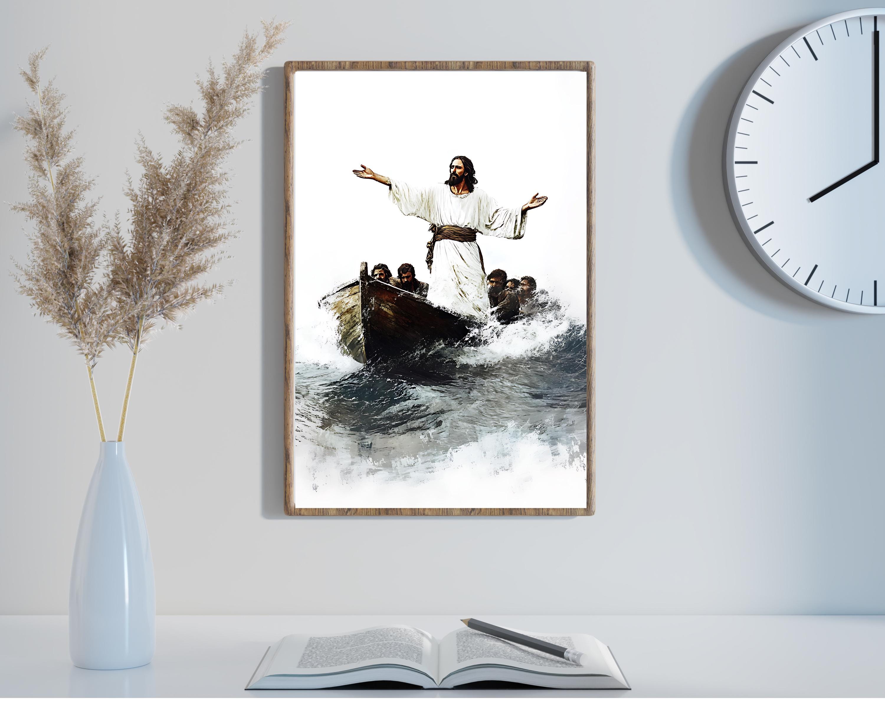 Jesus Calms the Storm Print, Minimalist Christian Wall, Watercolor ...