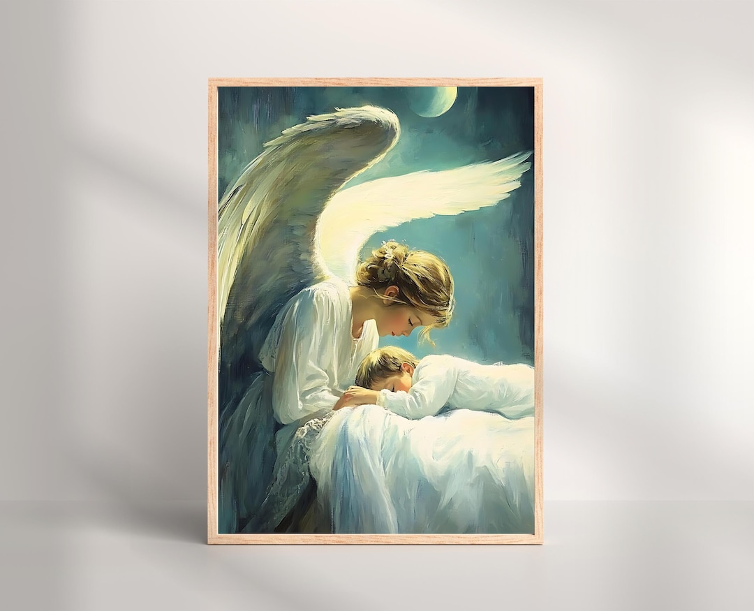 Guardian Angel Watching Over Sleeping Child Art Print, Angel Baby Room ...