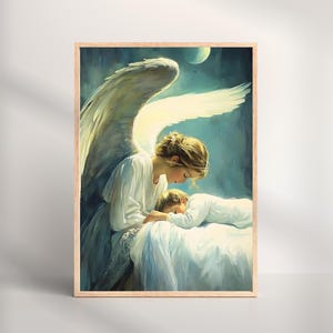 Guardian Angel Watching Over Sleeping Child Art Print, Angel Baby Room ...