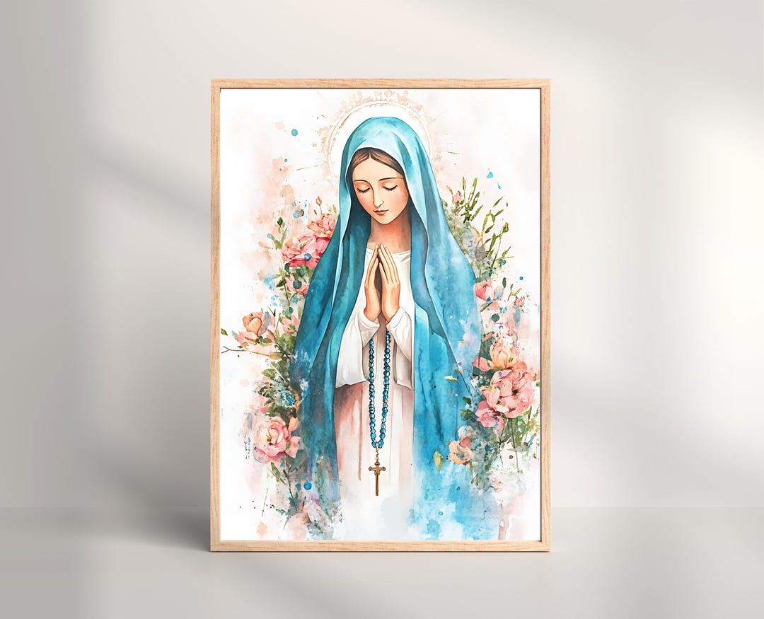 Watercolor Virgin Mary Art, Catholic Blessed Mother Holding Rosary ...
