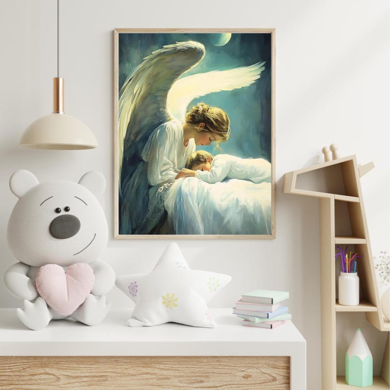 Guardian Angel Watching Over Sleeping Child Art Print, Angel Baby Room ...