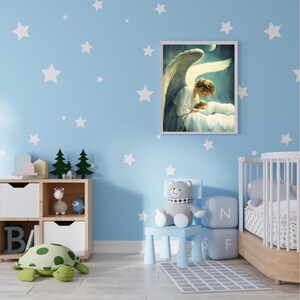 Guardian Angel Watching Over Sleeping Child Art Print, Angel Baby Room ...