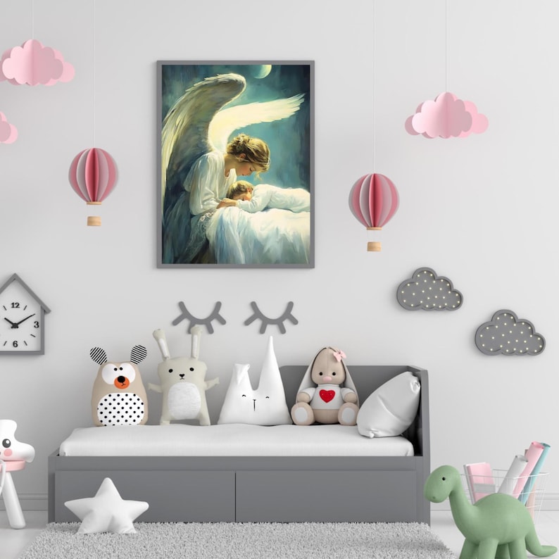 Guardian Angel Watching Over Sleeping Child Art Print, Angel Baby Room ...