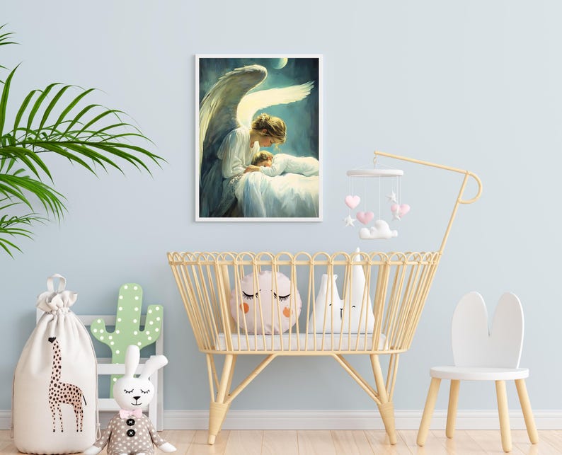 Guardian Angel Watching Over Sleeping Child Art Print, Angel Baby Room ...