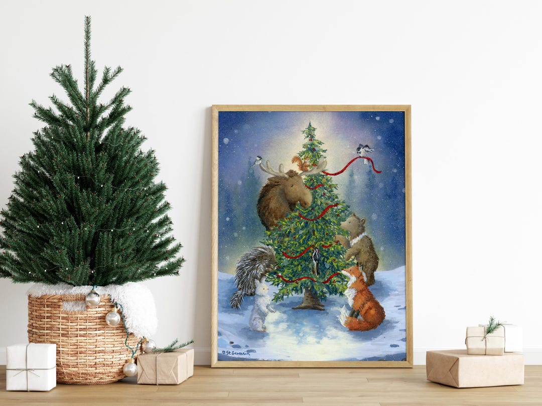 Alaskan Holiday Art, Woodland Animals With Christmas Tree, Gouache ...