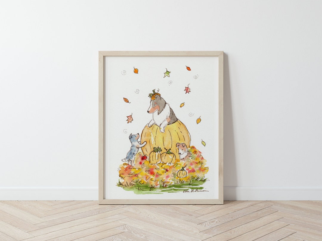 Sheltie Art Fall Dog Decor Fall Pumpkin Patch Print Dog - Etsy