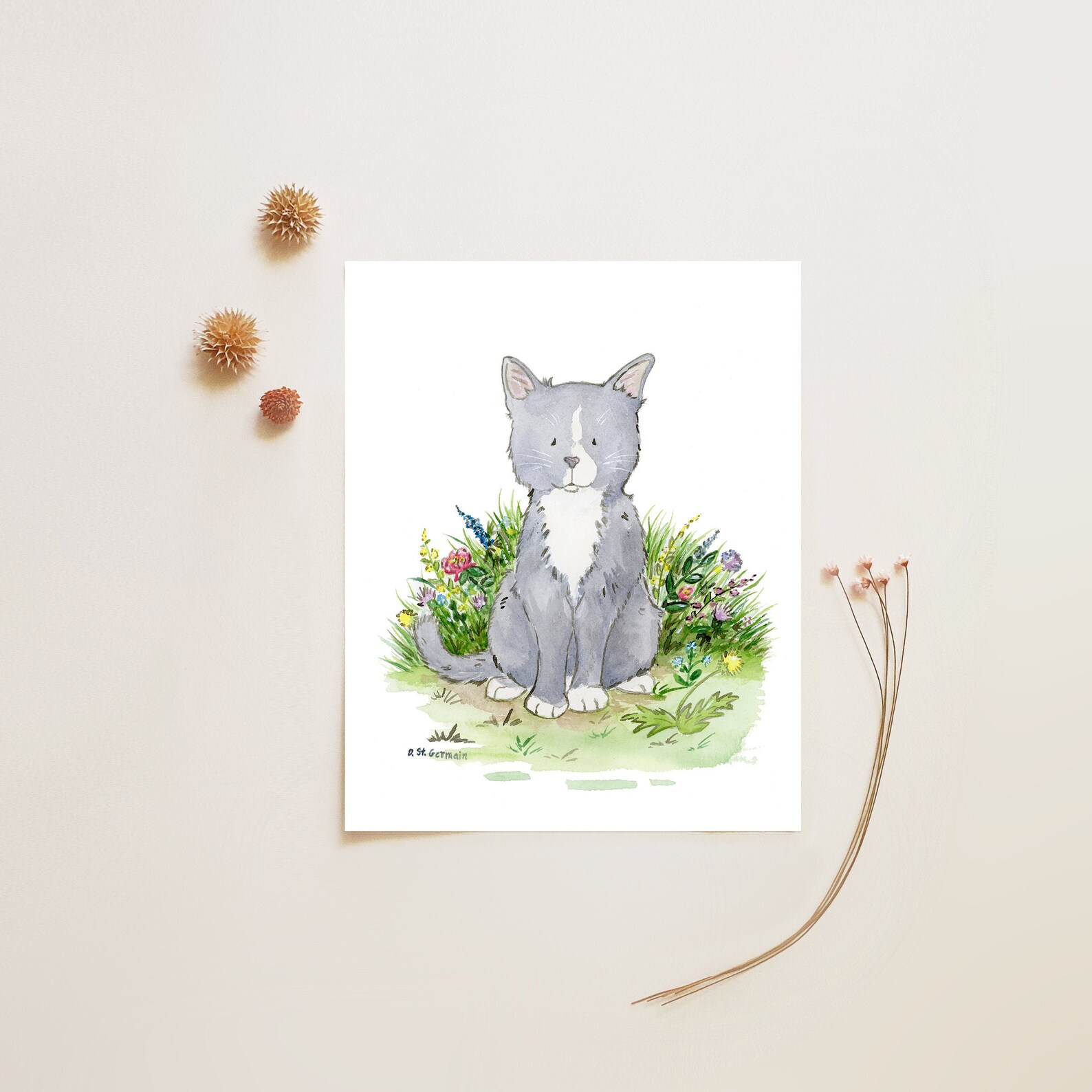 Gray Cat Print, Cute Cat Art Print, Cat With Flowers, Cat Lover Art ...