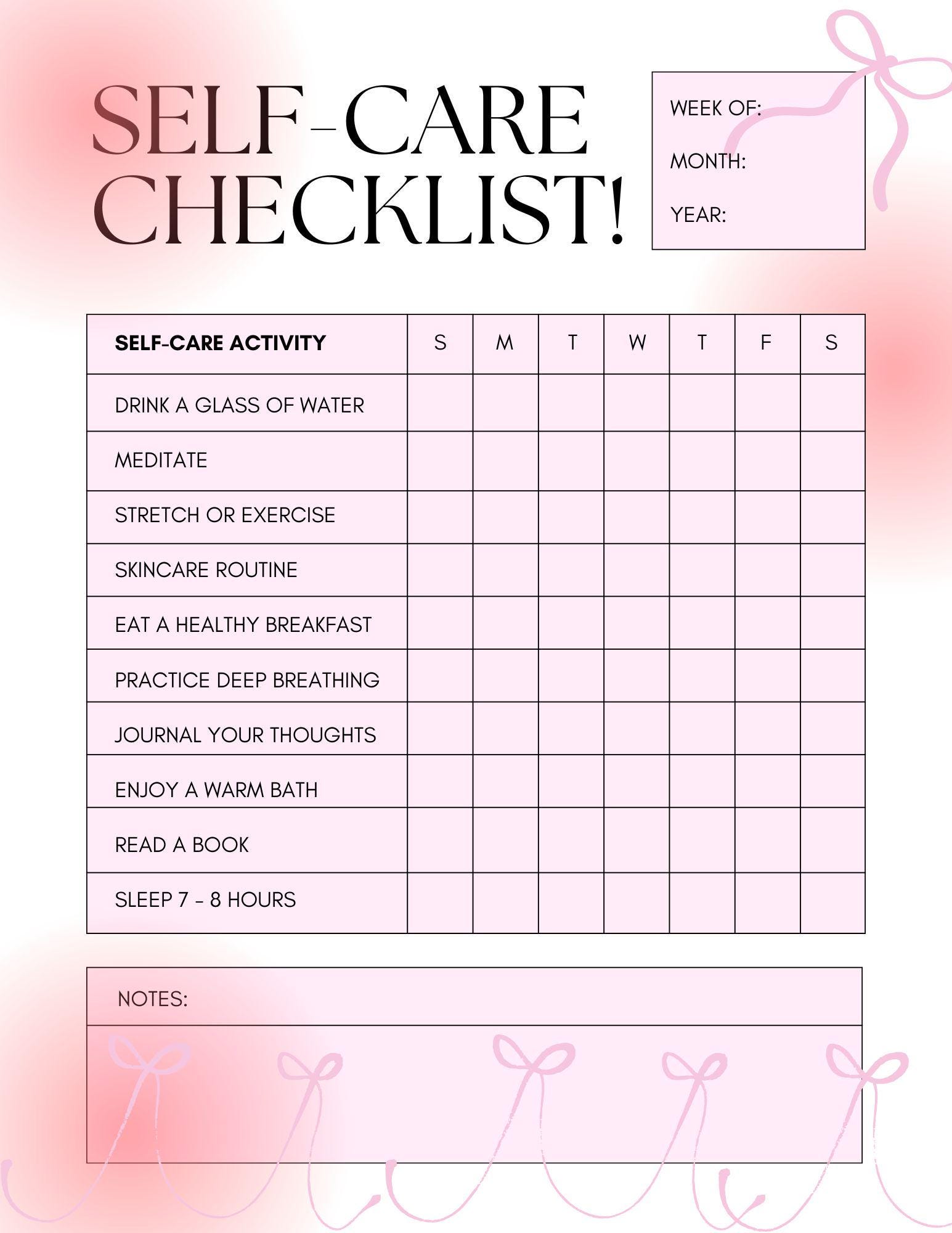 Self-care Checklist | Printable Mental Wellness Tracker | Daily Self ...