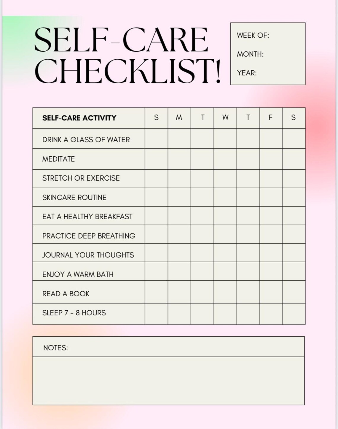 Self-care Checklist | Printable Daily Wellness Routine PDF - Etsy