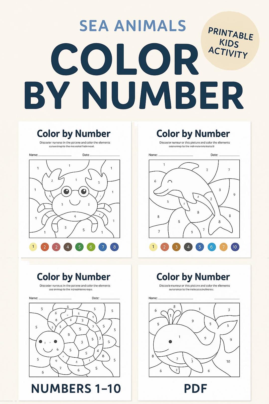 Sea Animals Color by Number Worksheets | Printable Kids Activity PDF ...