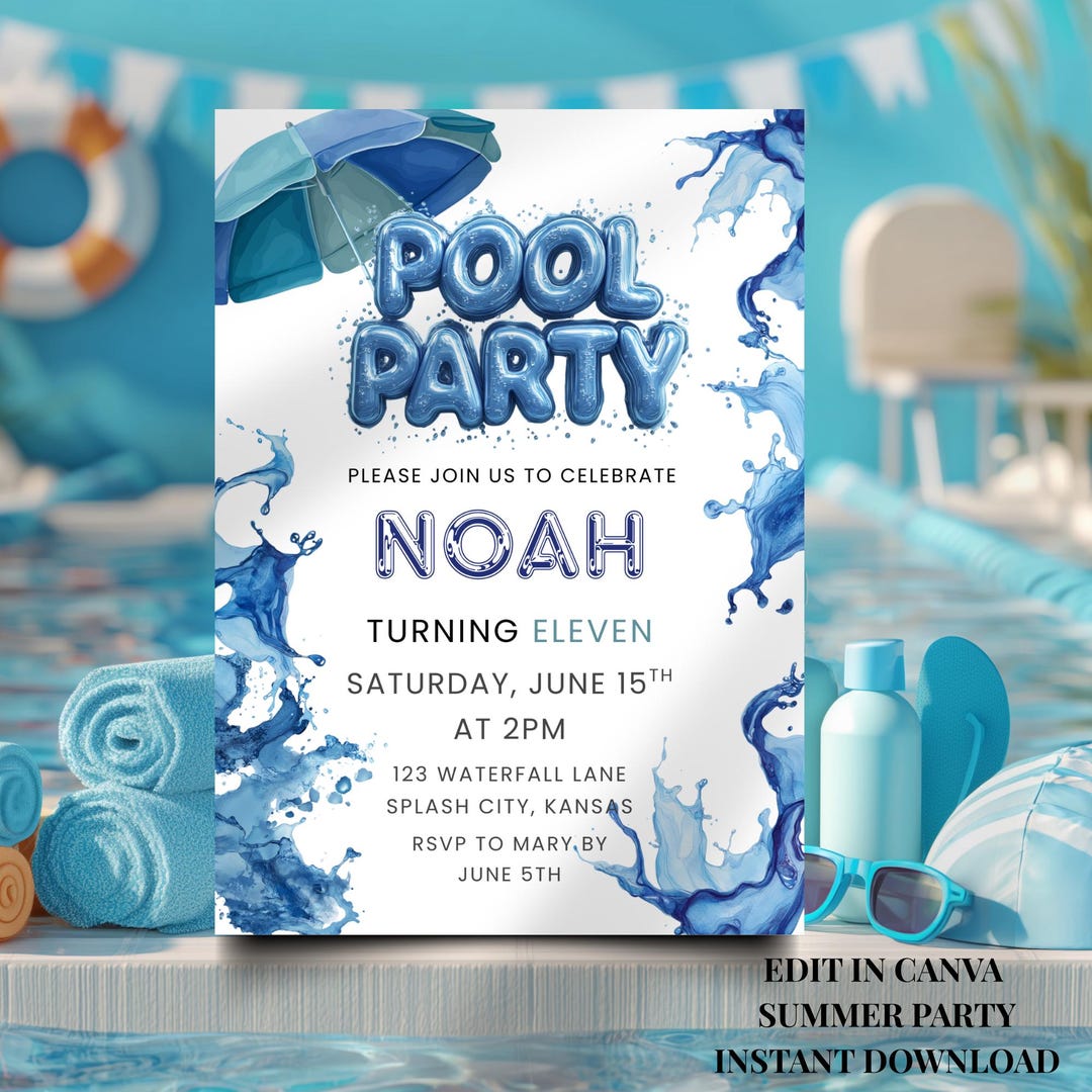 Editable Pool Party Invitation Template • Kids Summer Birthday Invite ...