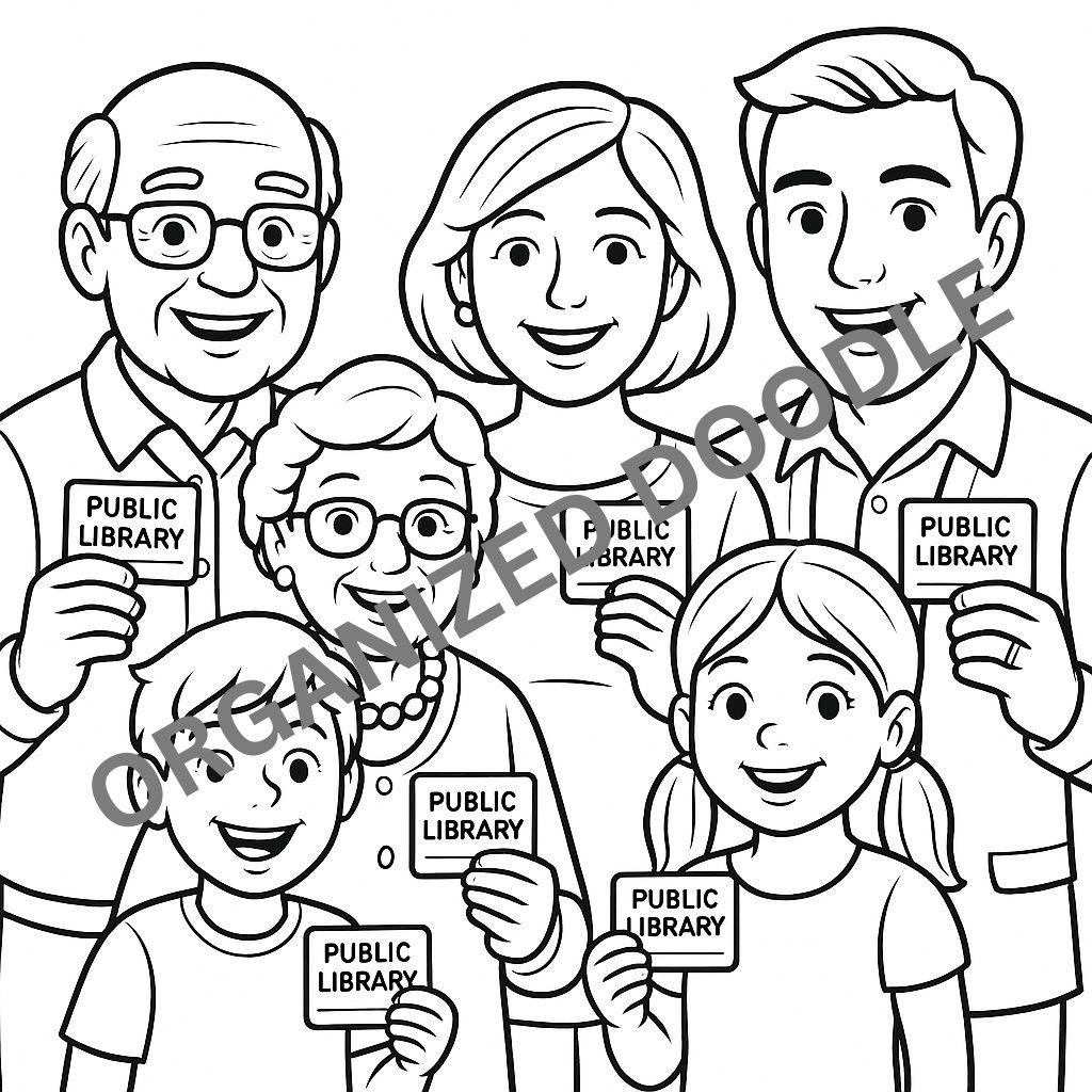 Coloring Page of Multigenerational Family With Library Cards (jpg/png ...