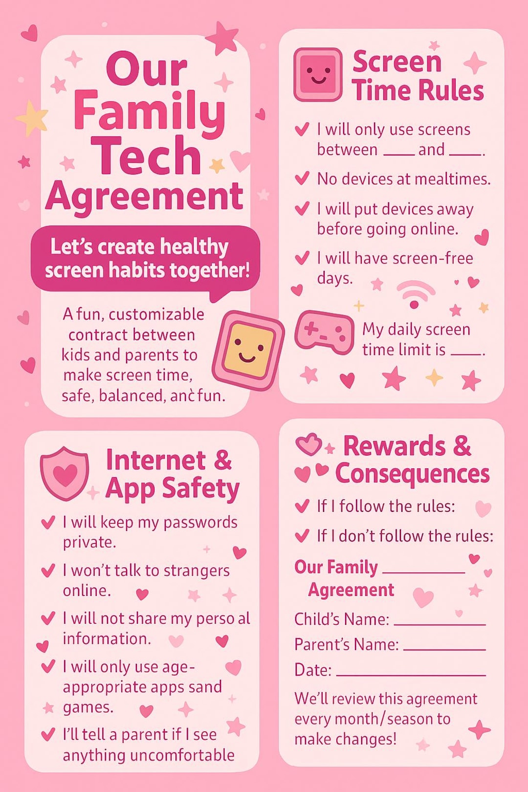 Printable Family Tech Agreement for Kids | Editable Screen Time Rules ...