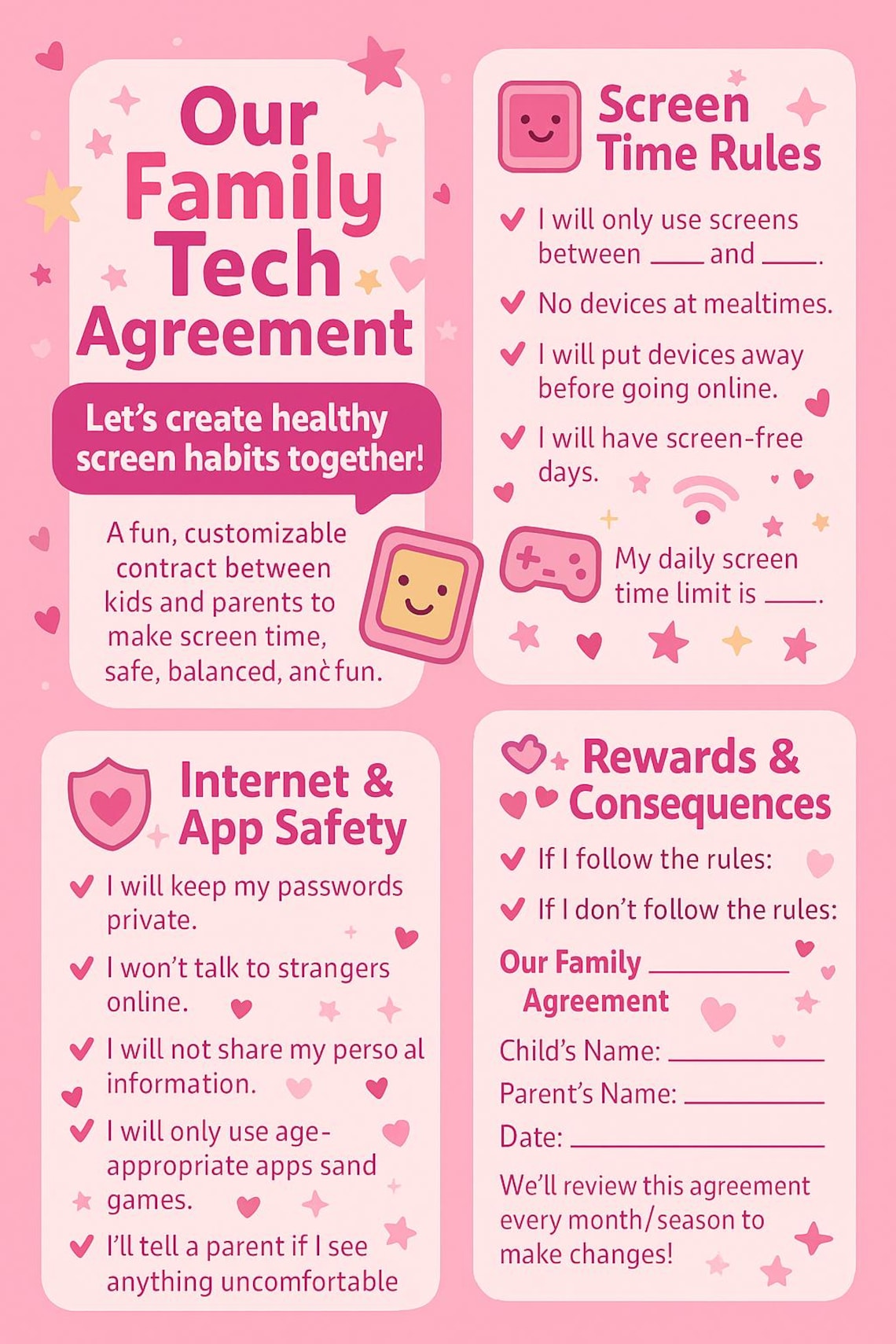 Printable Family Tech Agreement for Kids | Editable Screen Time Rules ...