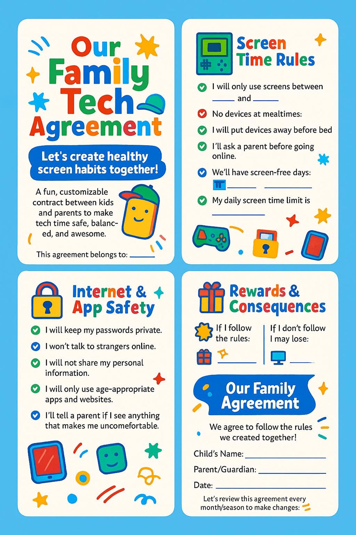 Printable Family Tech Agreement for Kids | Editable Screen Time Rules ...
